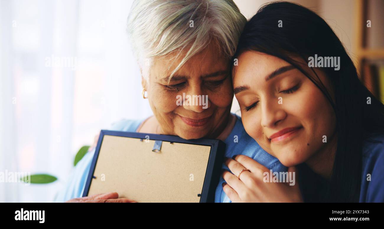 Senior woman, nurse and picture with support for grief, compassion and ...