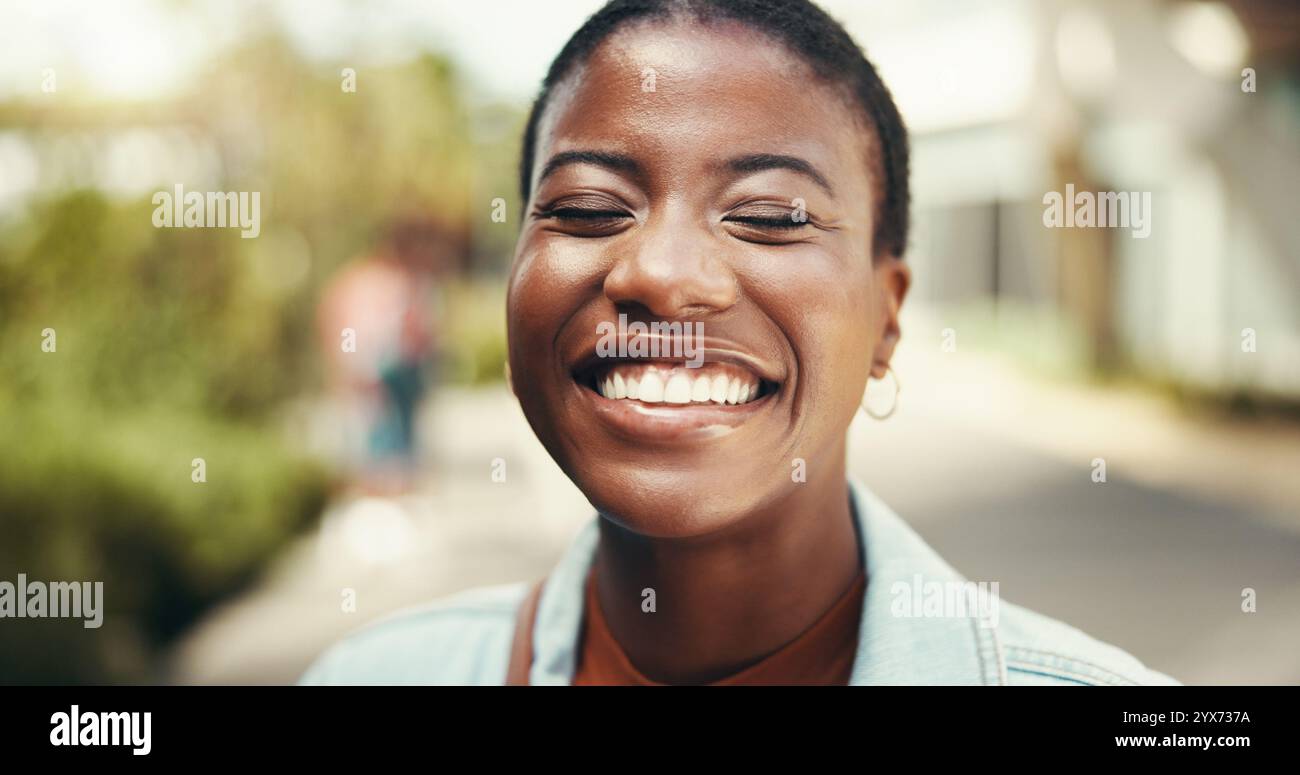 Smile, face and black woman with teeth outdoor for dental hygiene ...