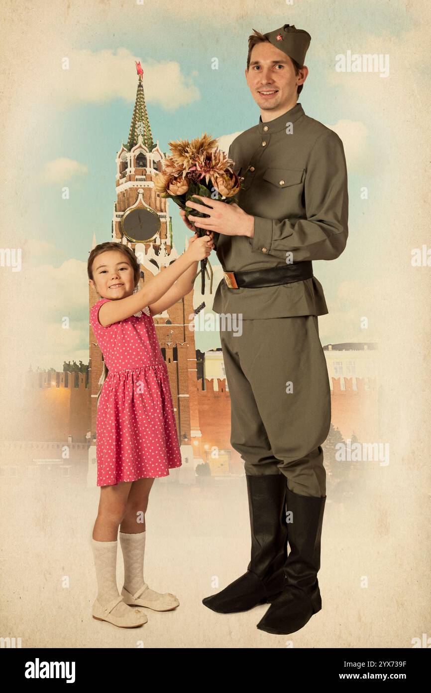 Beautiful little girl with bunch of flowers and Soviet soldier in ...