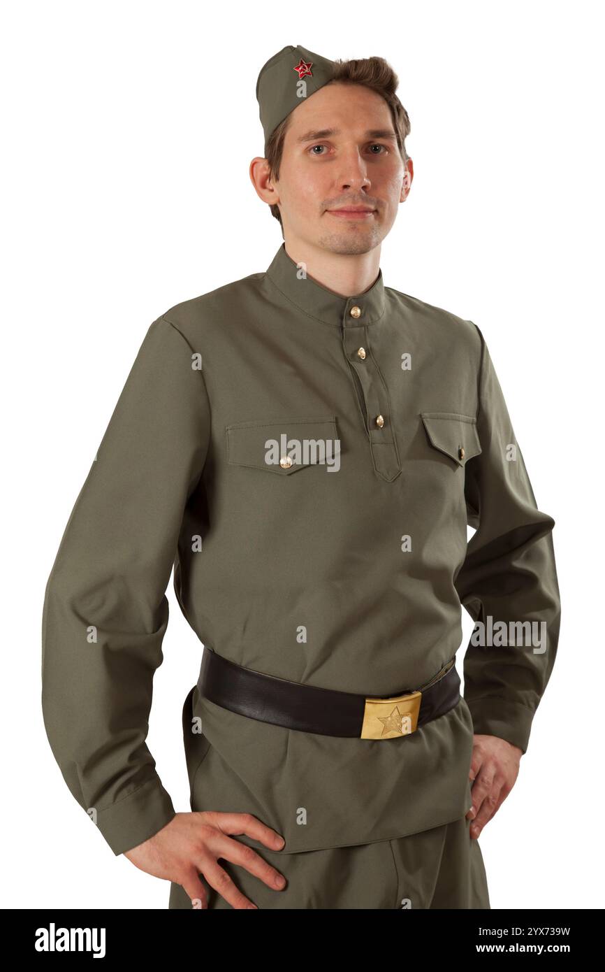 Portrait of Soviet soldier in uniform of World War II isolated on white ...