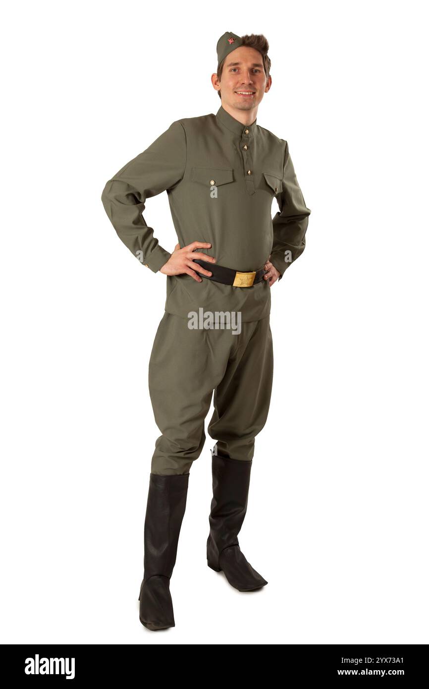 Soviet soldier dressed in uniform of World War II isolated on white ...