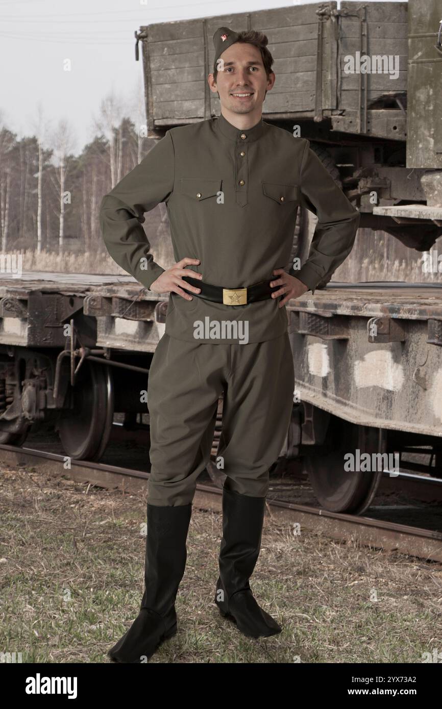 Young Soviet soldier in uniform of World War II outdoors Stock Photo ...