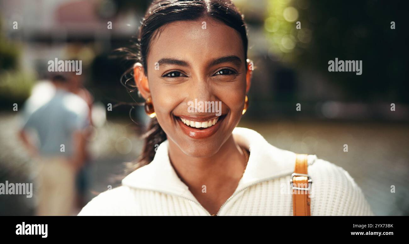 Portrait, campus and education for woman, smile and student with ...