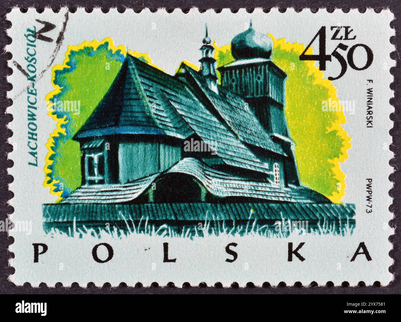 Cancelled postage stamp printed by Poland, that shows Church, Lachowice ...