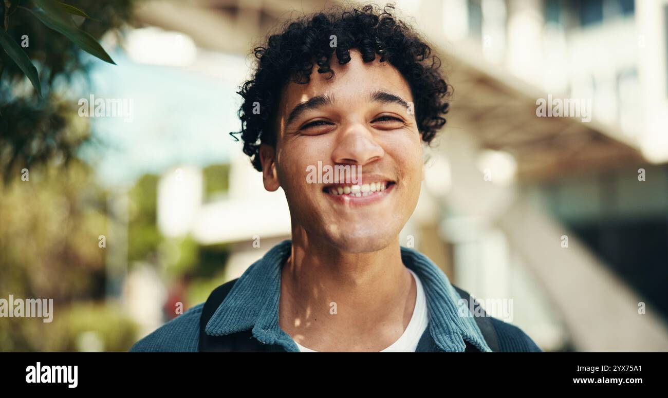 Portrait, happy student and man at university campus for learning ...