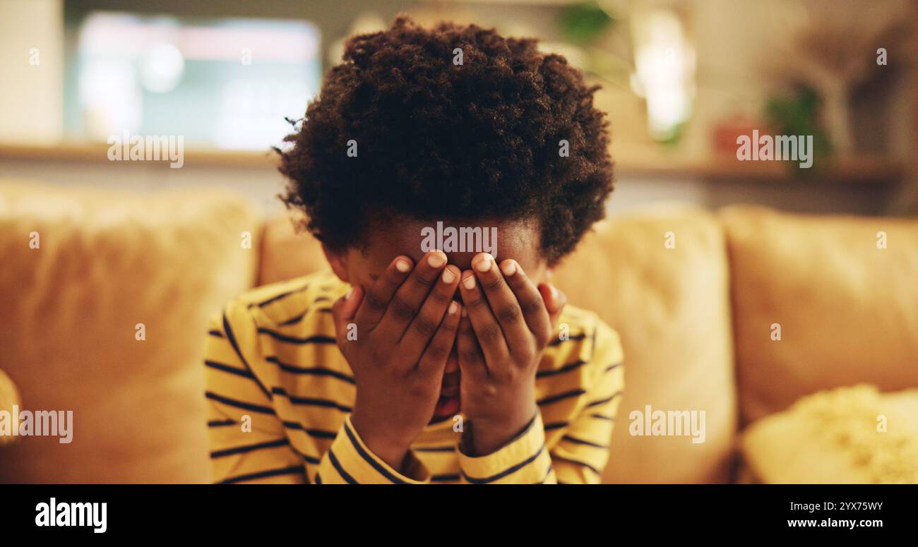 Stress, crying and sad child on sofa with trauma, mental health fatigue ...