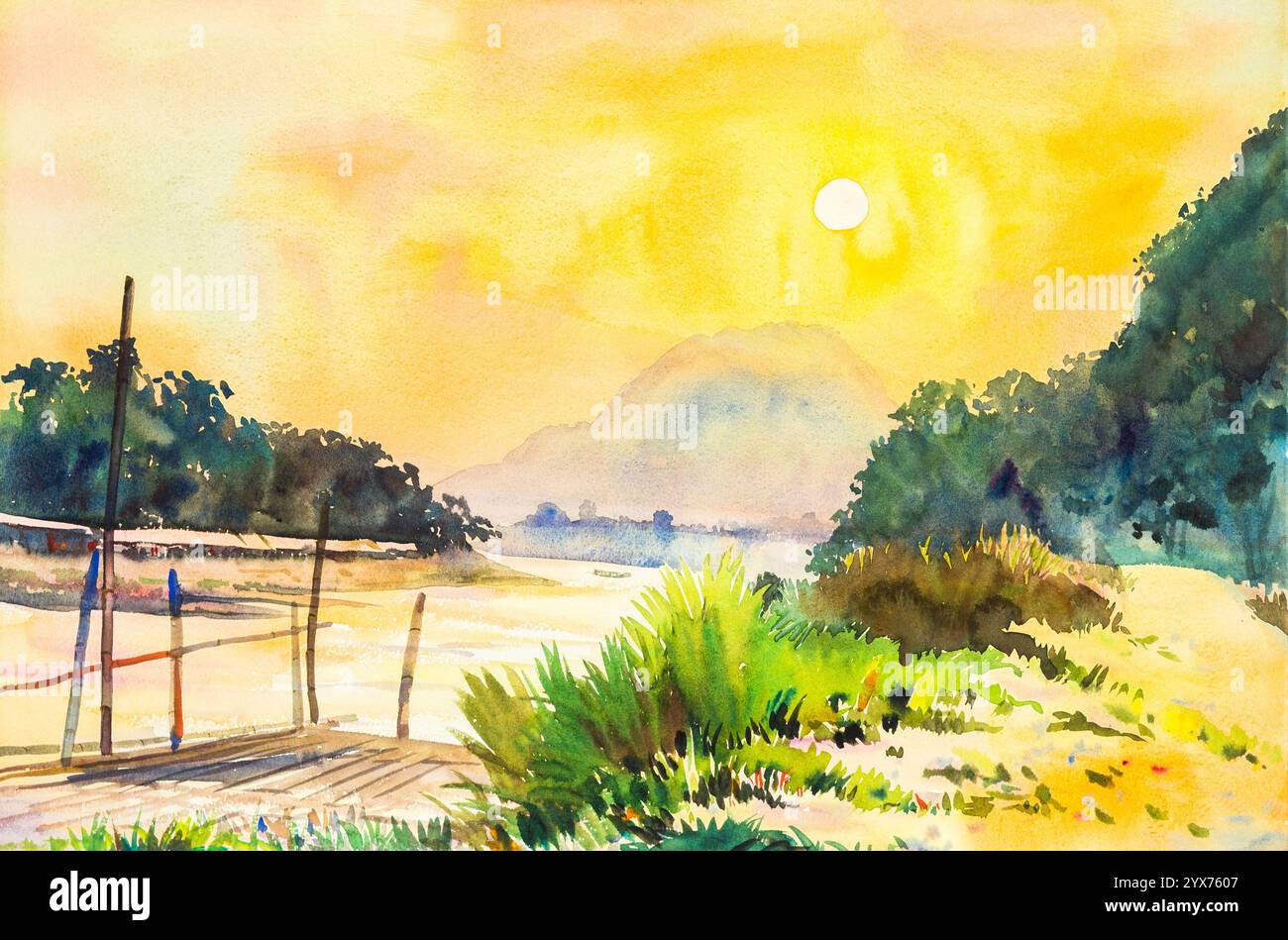 Watercolor lanscape painting yellow, orange color of sunset in sky and ...