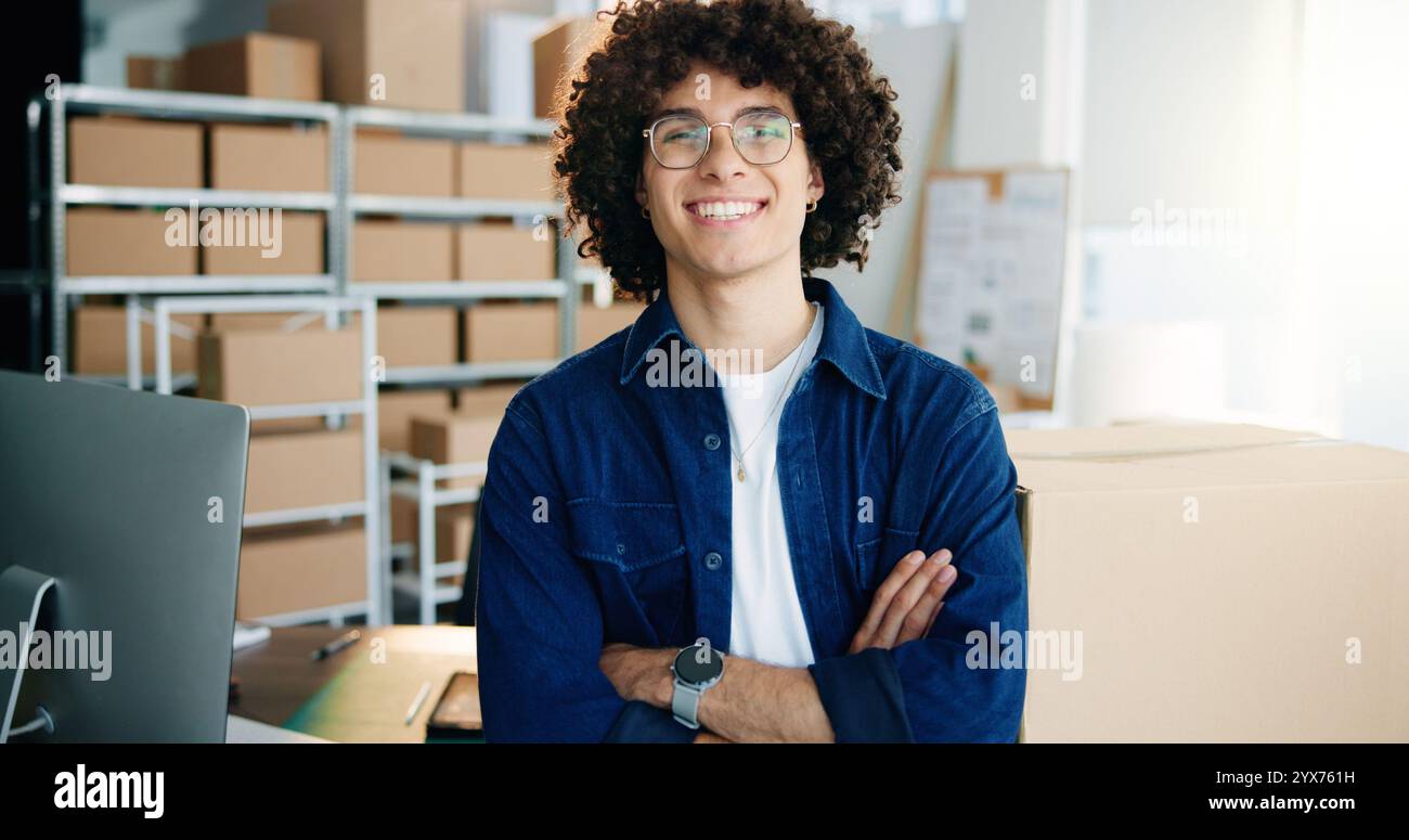 Portrait, logistics and happy man in warehouse with arms crossed for ...
