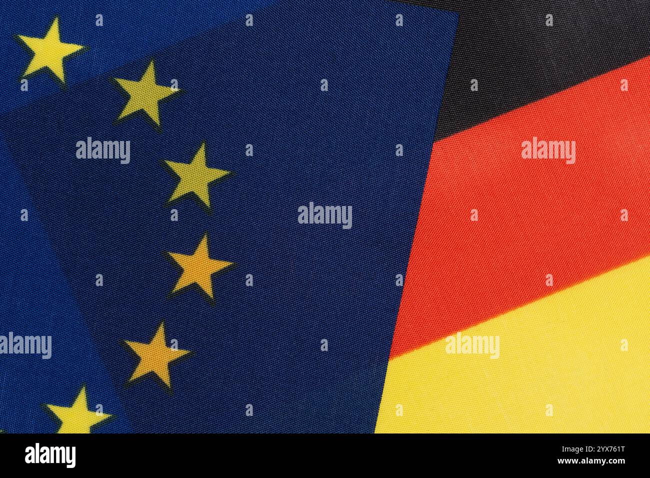 European Union and Germany national flags together textile background ...
