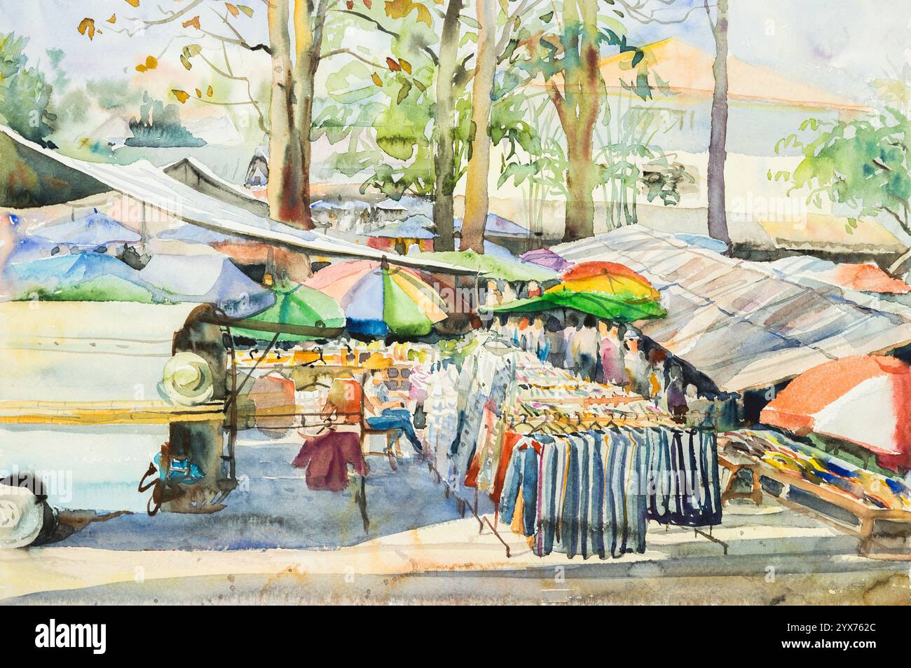 watercolor original landscape painting of locals market in rural scene ...
