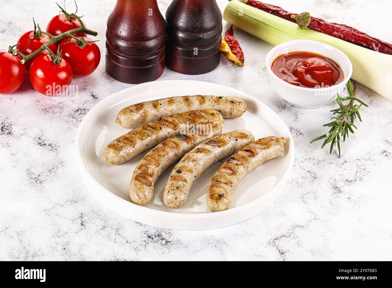 Grilled natural organick white pork sausages Stock Photo - Alamy