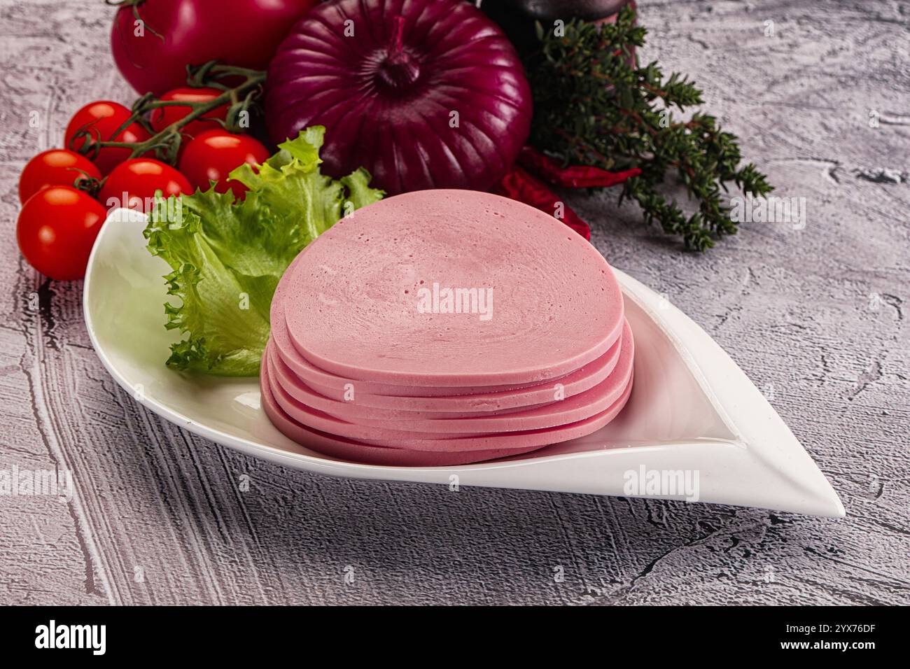 Boiled pork sliced sausage stack for breakfast Stock Photo - Alamy
