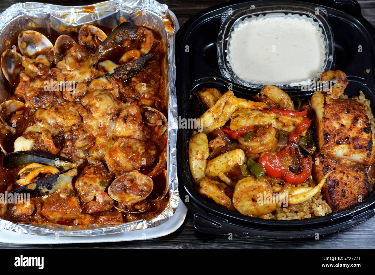 Assorted seafood cuisine of Mixed fish fillet, shrimps, squid, squid ...