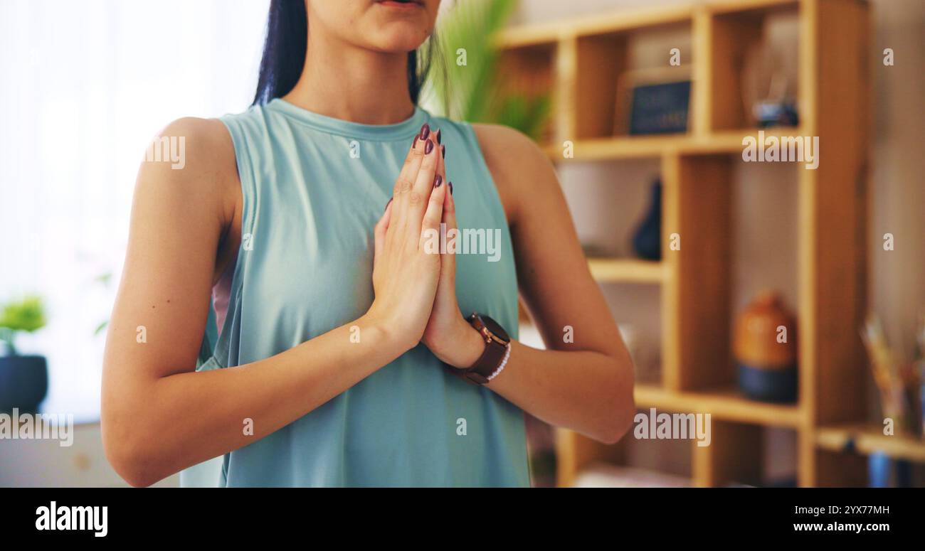 Prayer hands, meditation and woman for calm, relax and spiritual ...