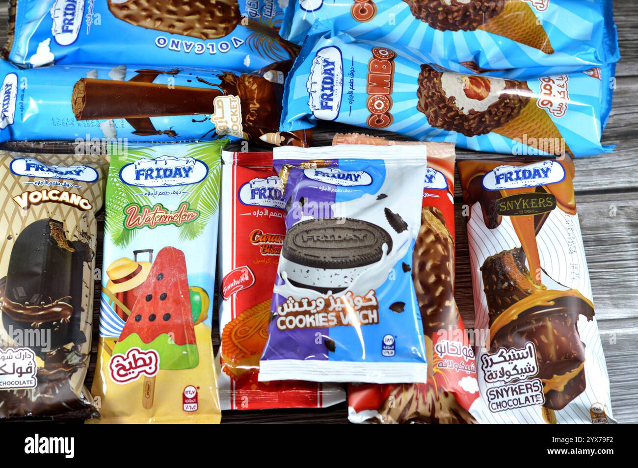 Cairo, Egypt, October 26 2024: Assorted Friday ice cream of combo caramel, chocolate rocket ...