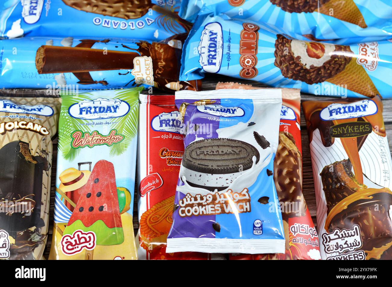 Cairo, Egypt, October 26 2024: Assorted Friday ice cream of combo caramel, chocolate rocket ...