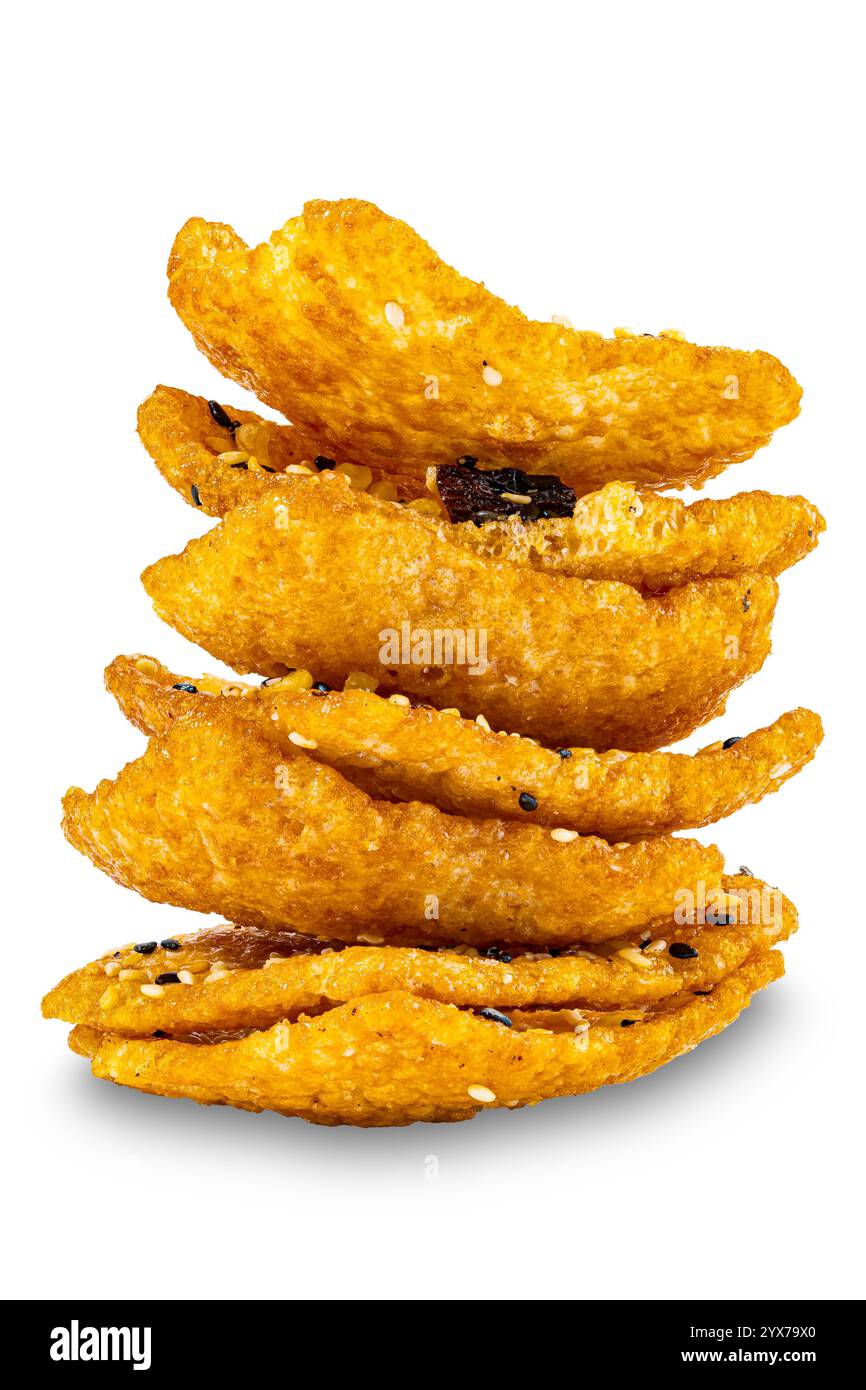 Closeup view stack of crispy homemade multigrain rice cracker isolated ...
