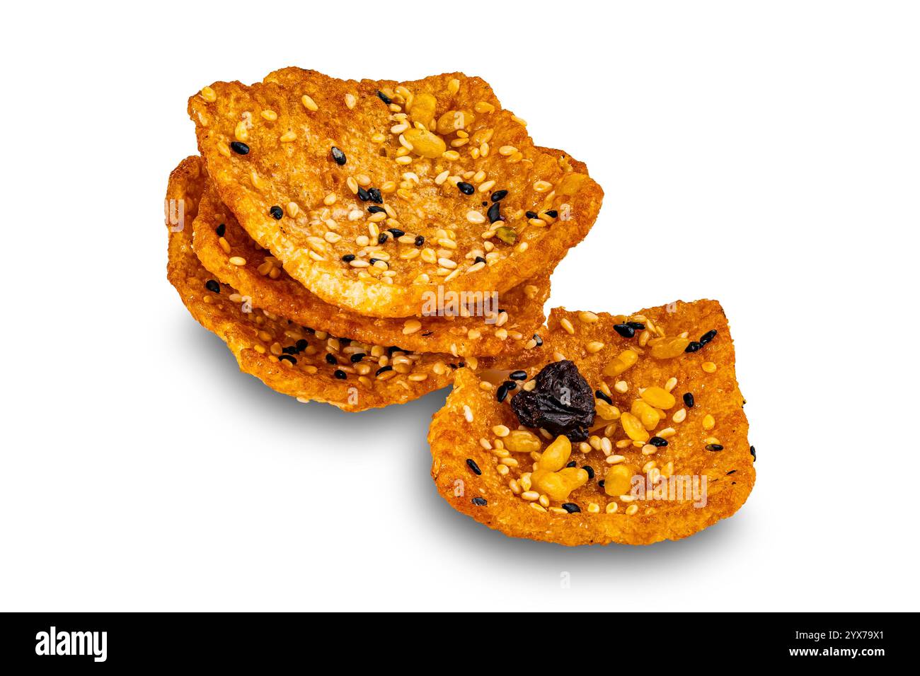 High angle view pile of square shape crispy multigrain rice cracker ...