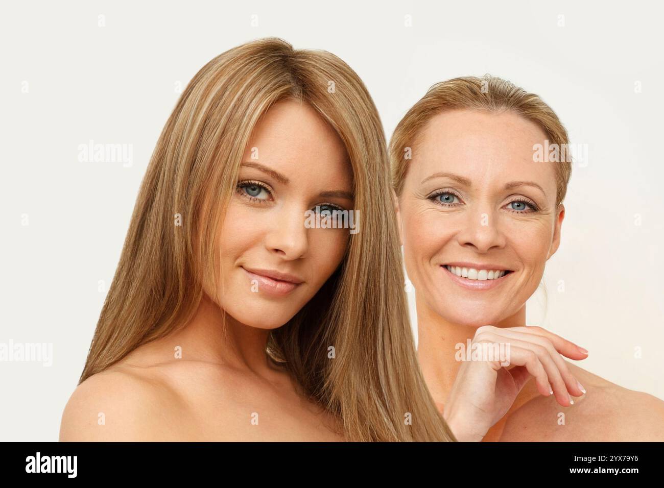 Healthy models. Young and old woman on white background. Aging ...