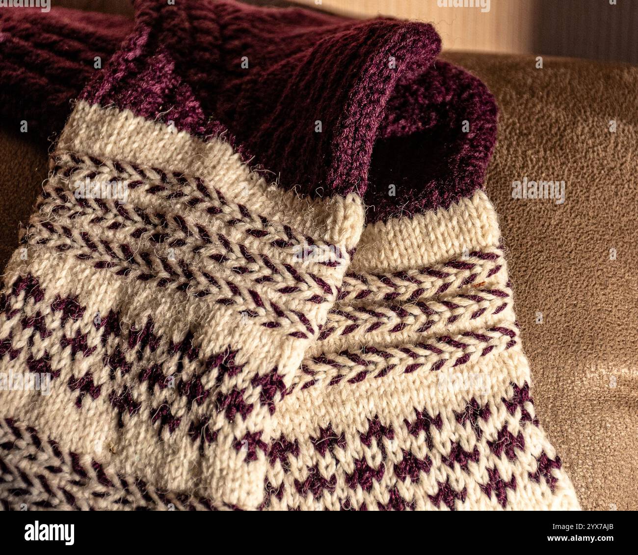 colorful knitted work in progress, handicraft concept, knit texture ...