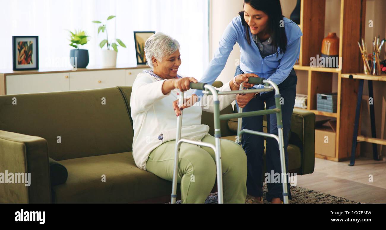 Elderly woman, walker and caregiver in home for help, assisted living ...