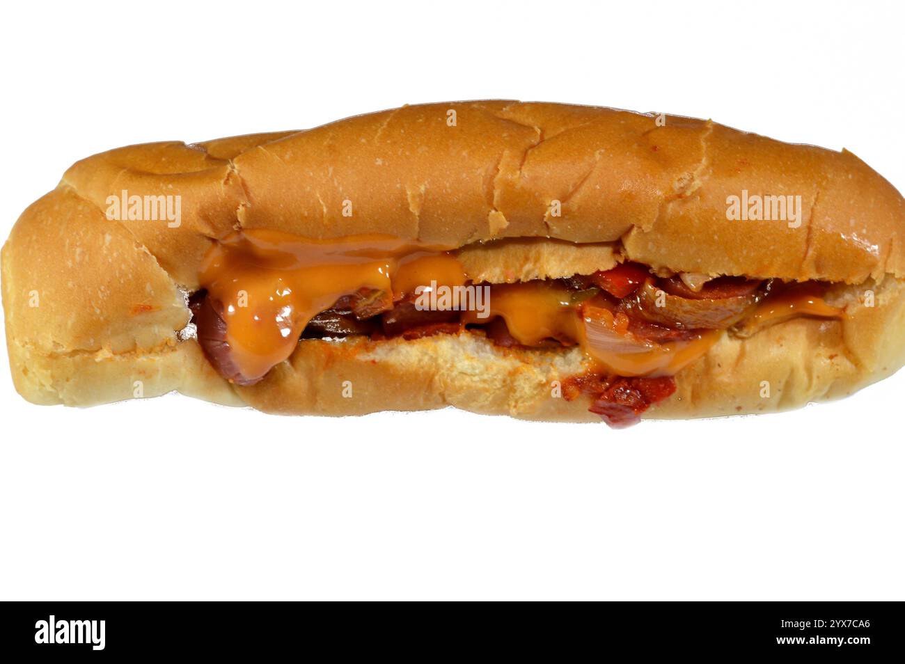 Partially sliced long bun with hot dog grilled beef sausage called ...