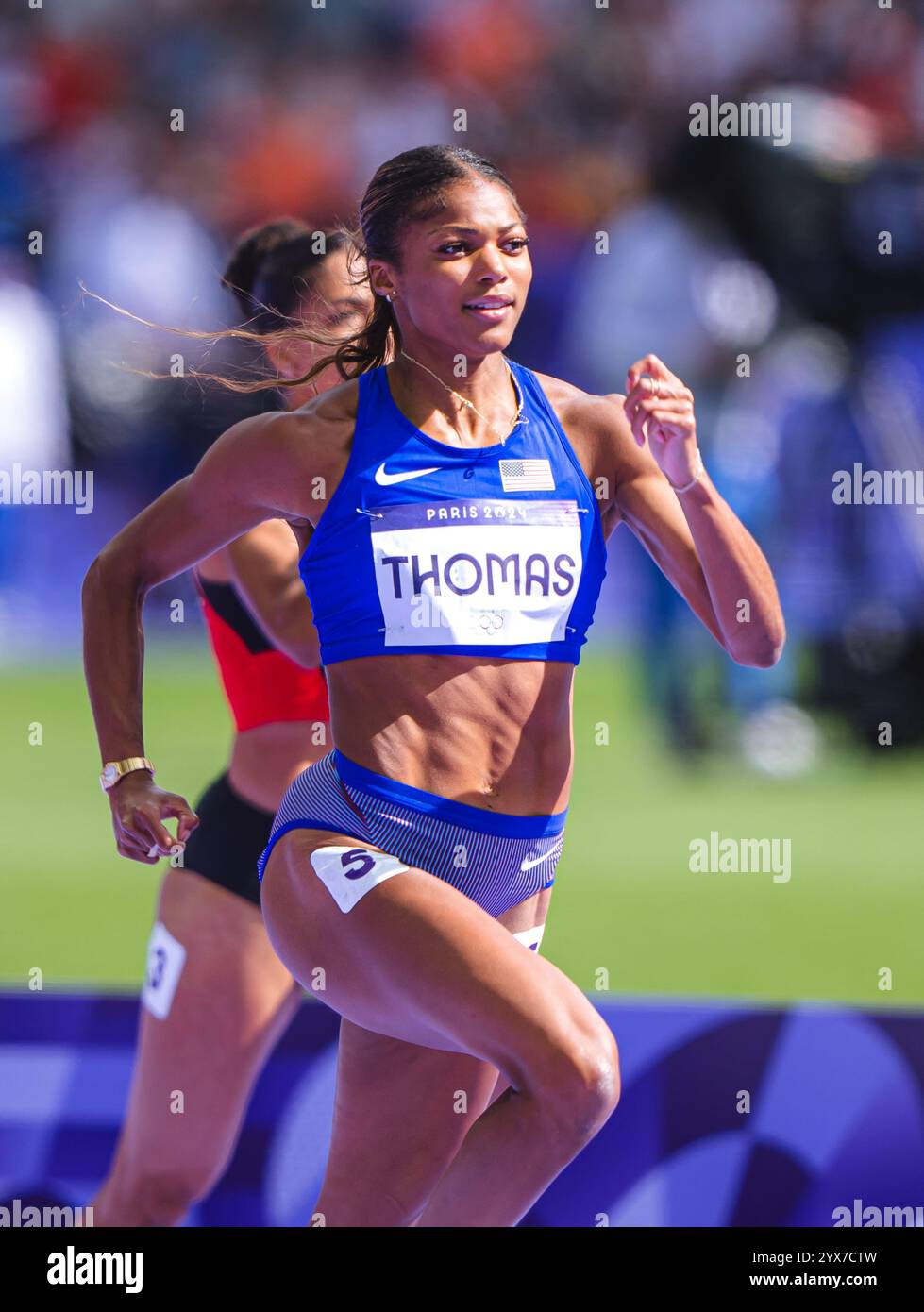 Gabrielle Thomas participating in the 200 meters at the Paris 2024 ...