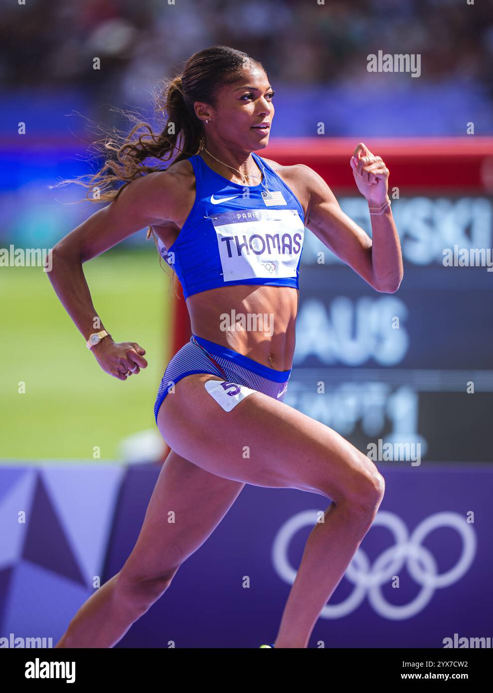 Gabrielle Thomas participating in the 200 meters at the Paris 2024 ...
