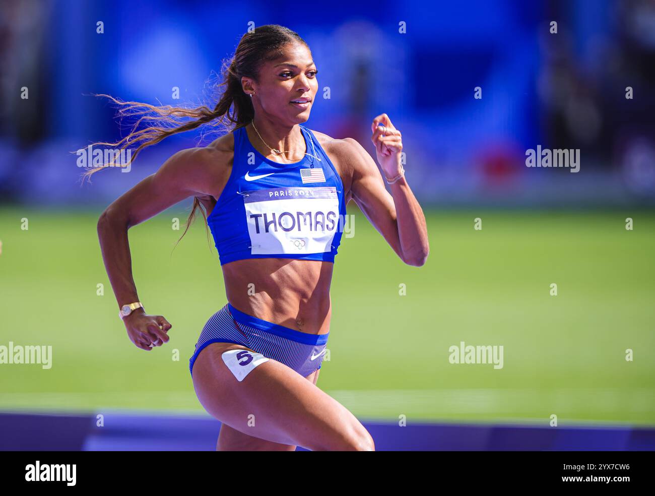 Gabrielle Thomas participating in the 200 meters at the Paris 2024 ...