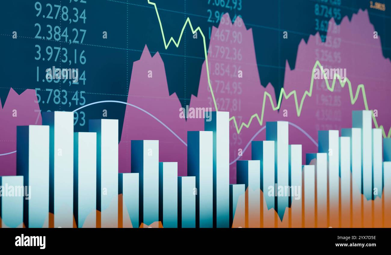 Business report, stock market and exchange chart and blue bar graph ...