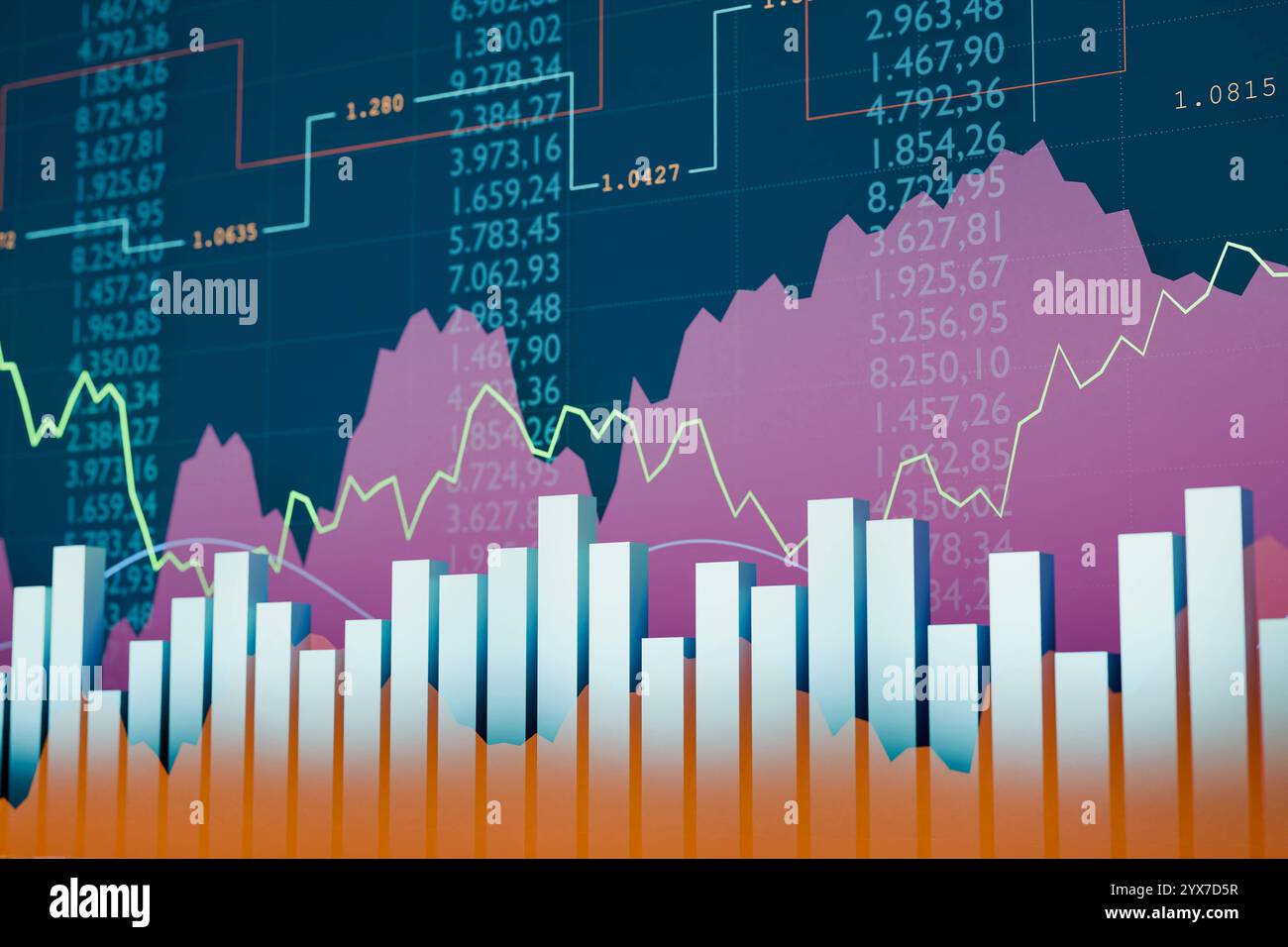 Business data, stock market information, blue bar graph, numbers and ...
