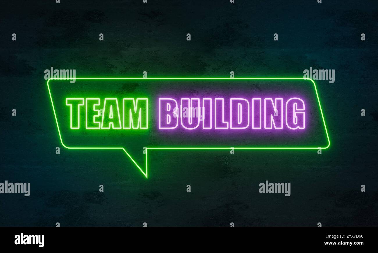 Team building. Team building. Illuminated neon sign in green and purple ...