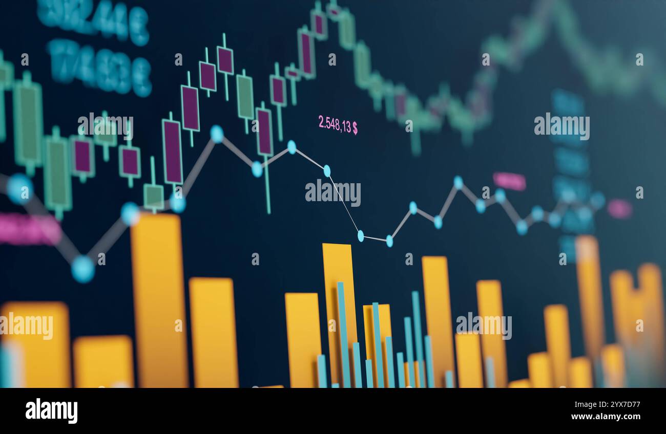 Abstract composition of stock exchange charts, bar graph and market ...