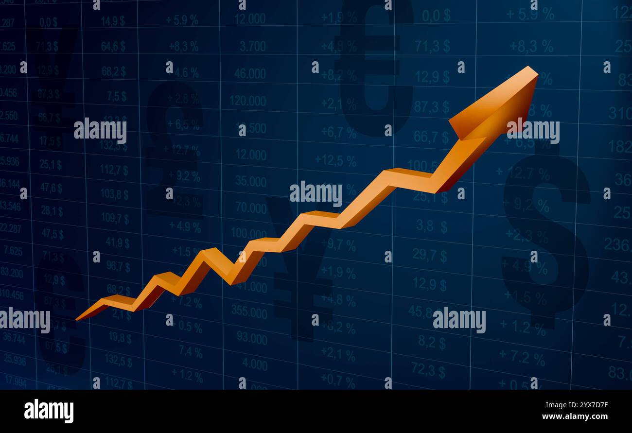 Golden arrow moving up, rising business, wealth, progress, improvement ...