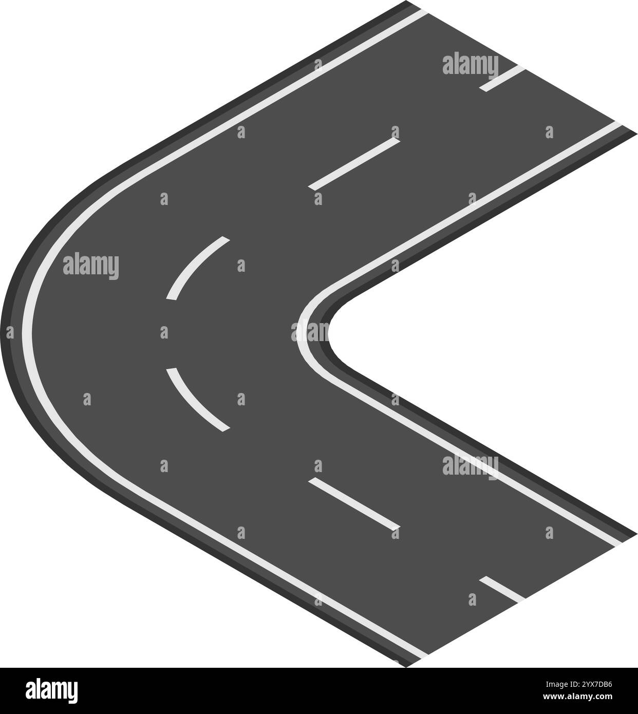 Isometric view of a winding road making a sharp turn, featuring white ...