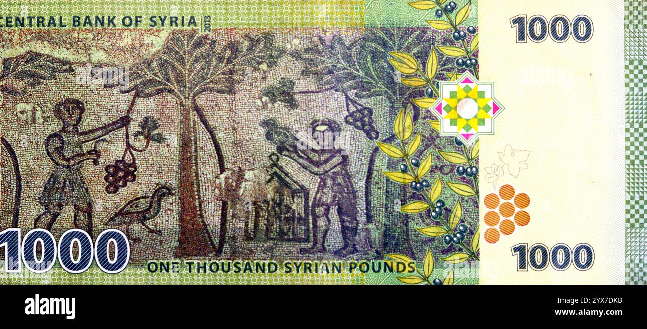 Large fragment of the reverse side of One Thousand Syrian pounds ...