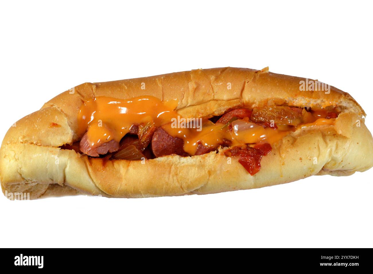 Partially sliced long bun with hot dog grilled beef sausage called ...