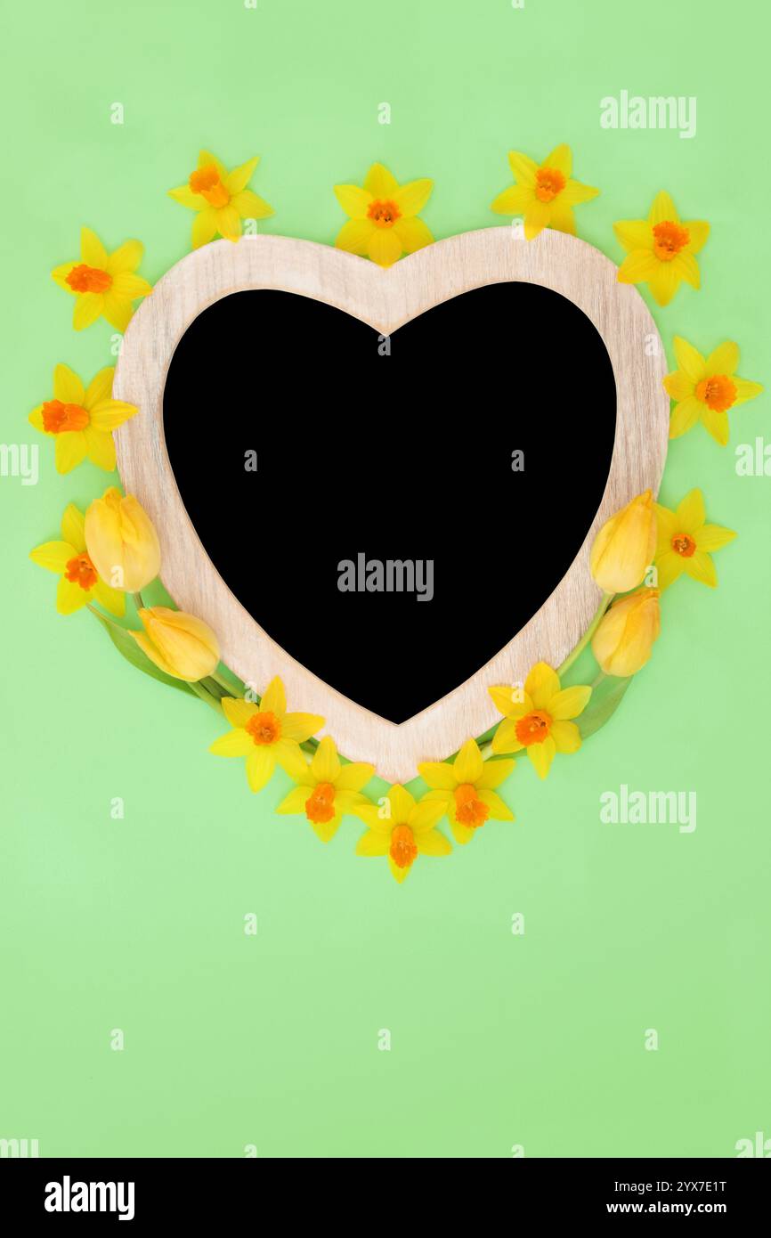Heart shaped Spring frame with yellow tulips and narcissus flowers on ...