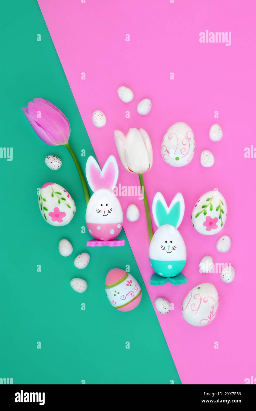 Surreal Easter background with bunnies, spring tulip flowers and eggs ...