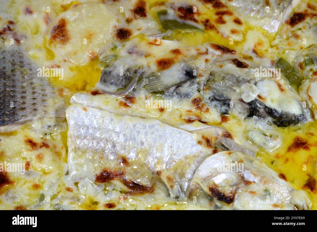 Baked mullet fishes with creamy white sauce, pieces and slices of ...