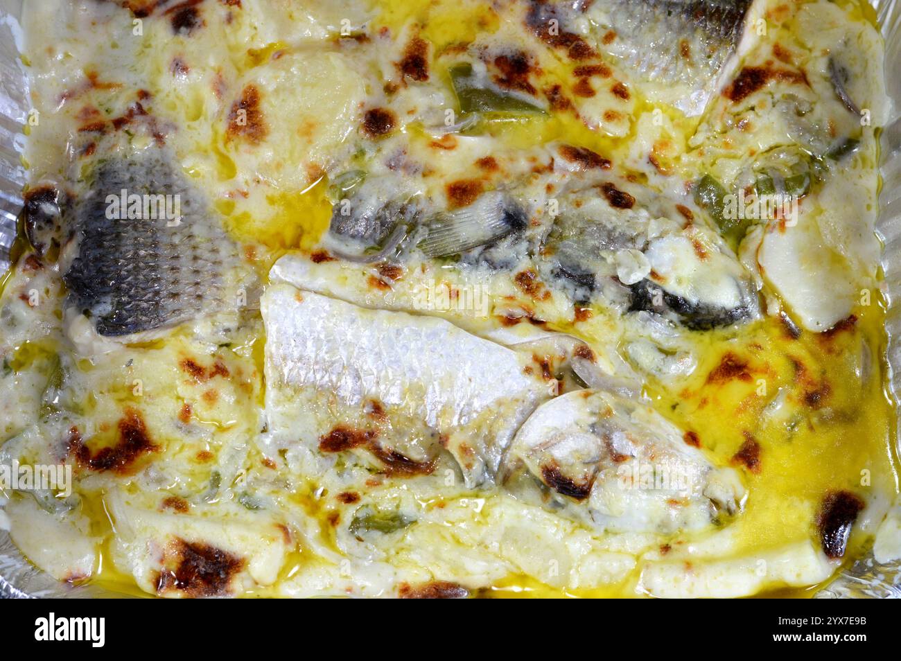 Baked mullet fishes with creamy white sauce, pieces and slices of ...