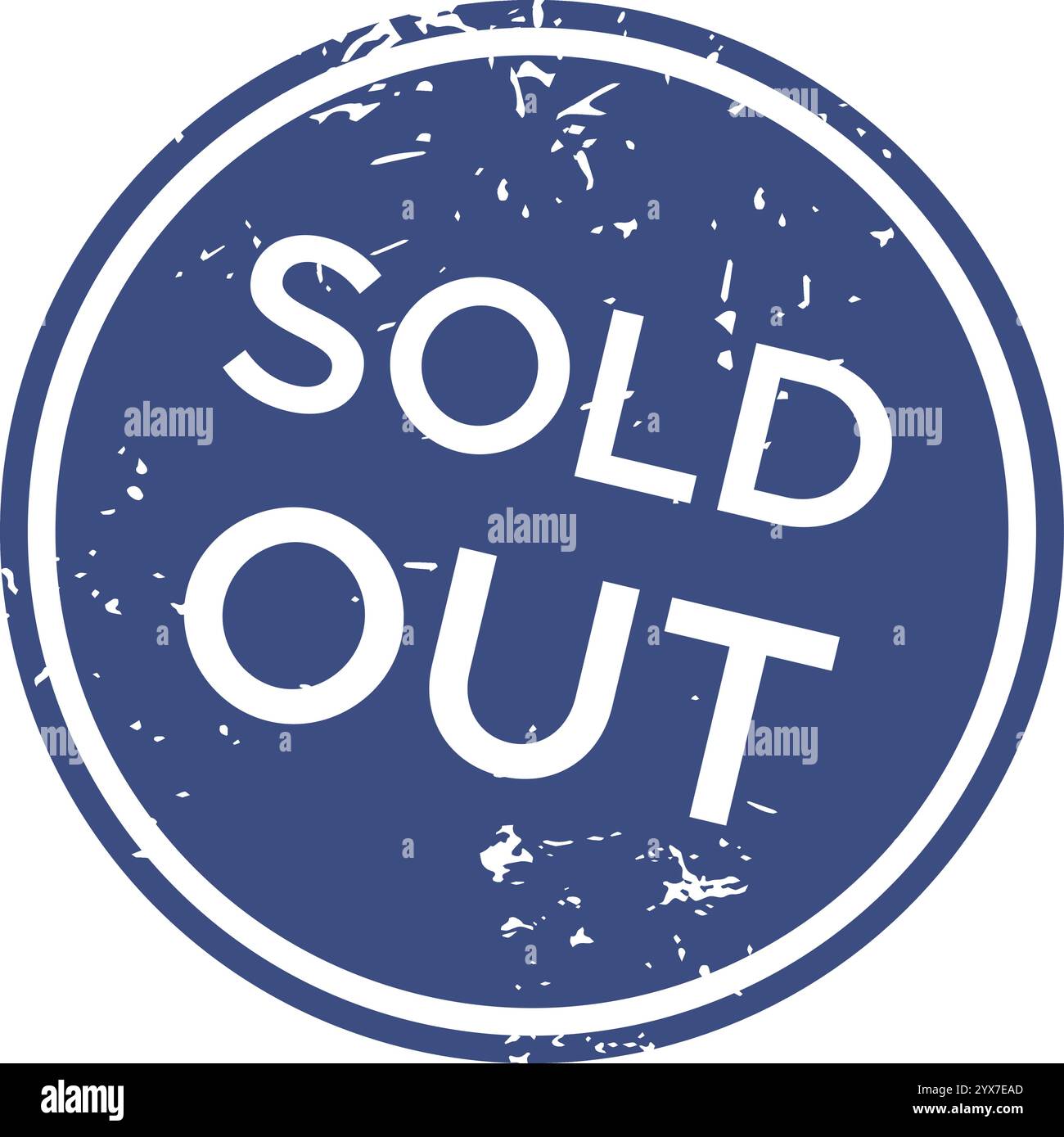 Sold out grunge rubber stamp in blue with white letters and circular shape, indicating ...