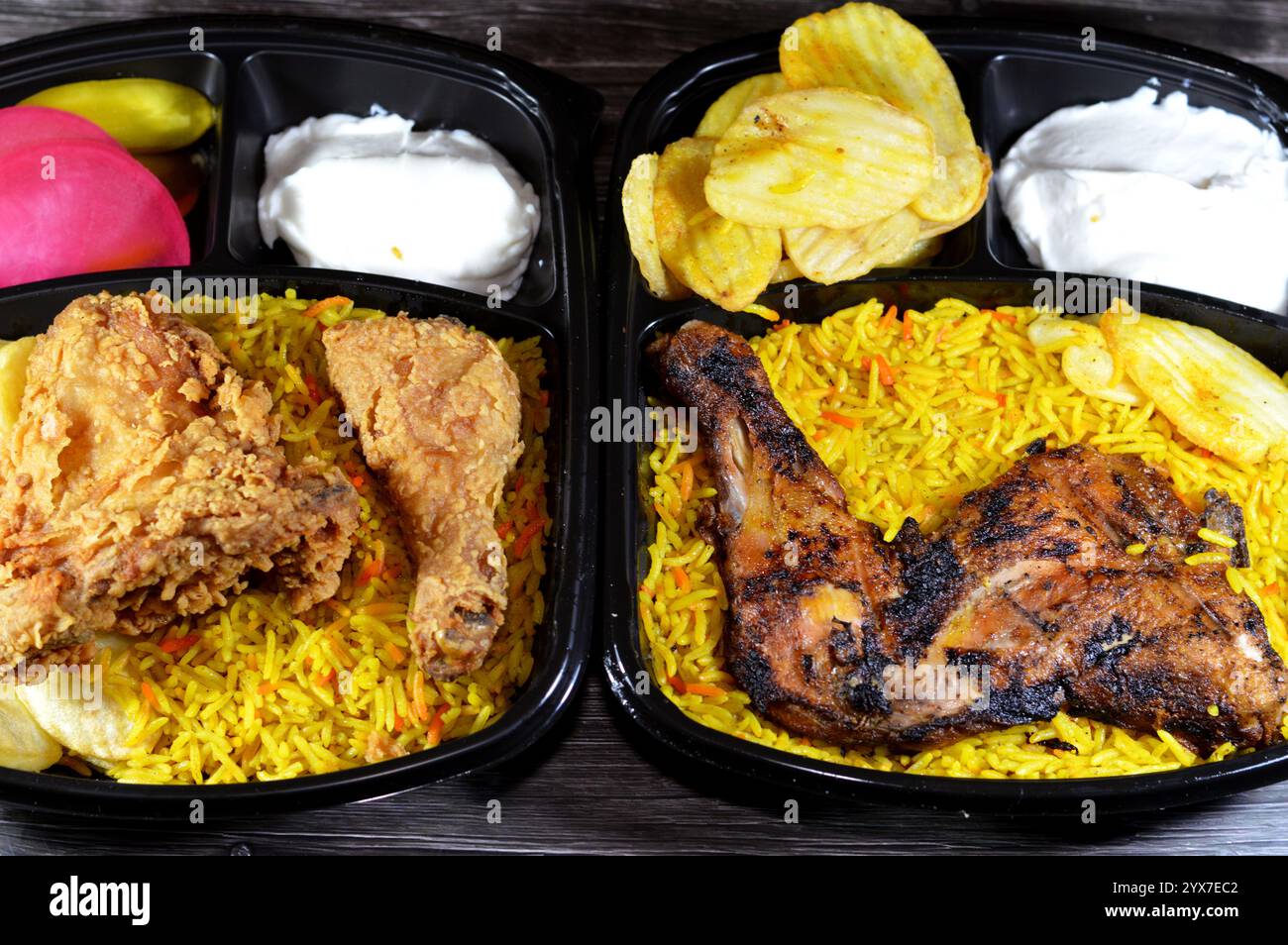 colorful basmati rice, fried potato chips, garlic sauce, pickled turnip ...