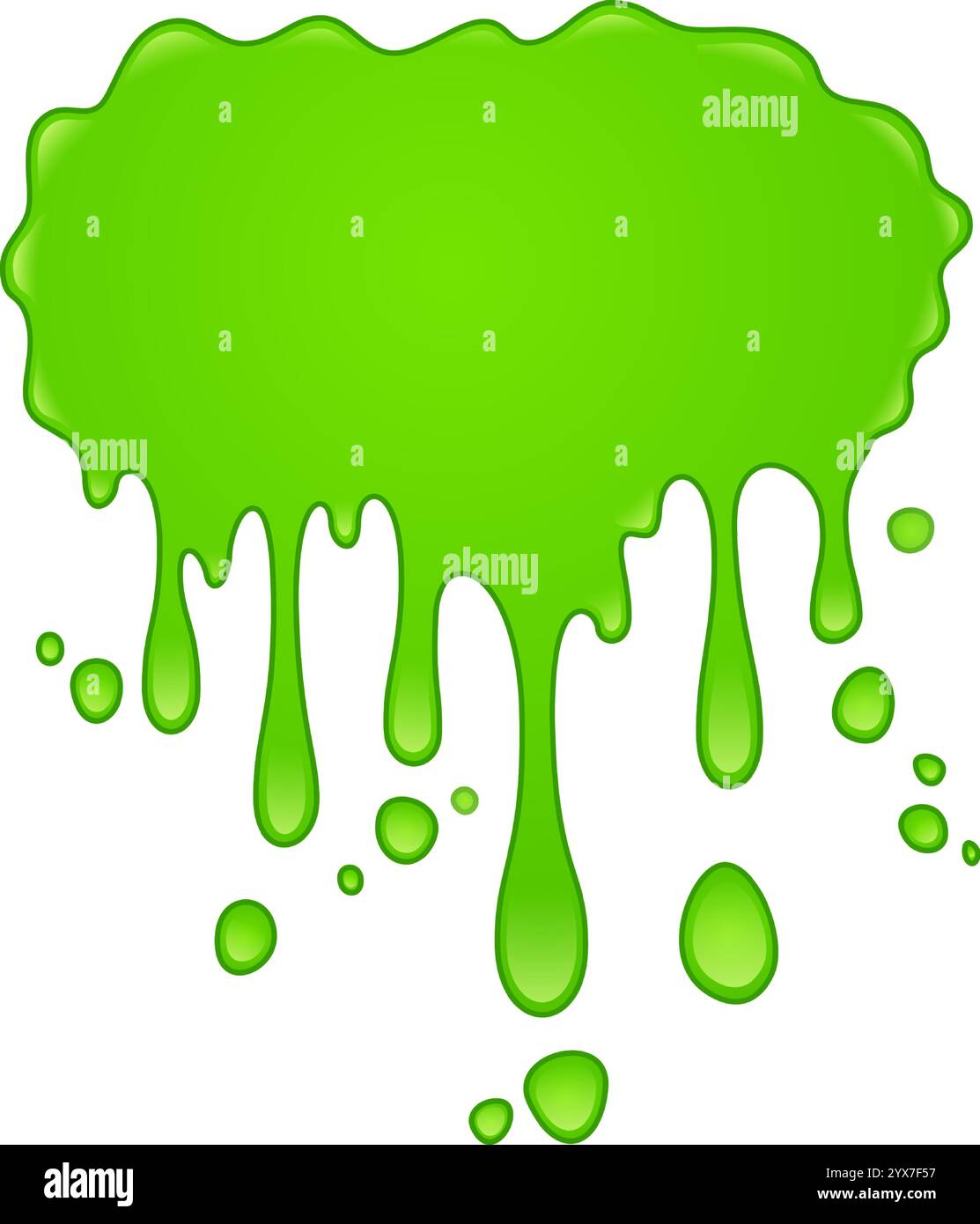 Viscous bright green goo is slowly dripping down, forming drops and ...