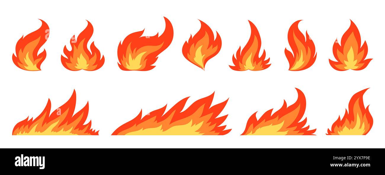 Fireball flame, red hot fire signs. Campfire windy fiery icon set ...