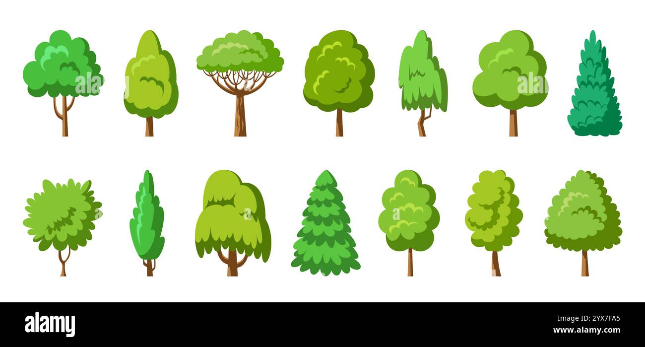 Flat tree set. Stylized eco plants side view. Arboretum garden willow ...