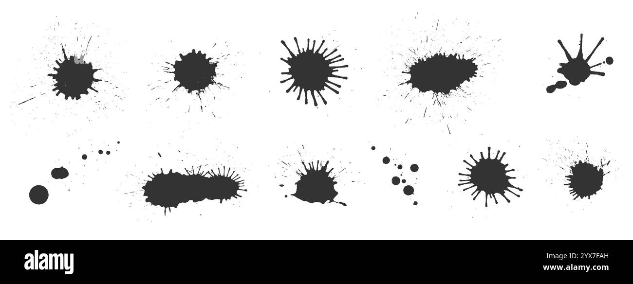 Black ink splashes set. Various shapes of round spots, sharp bursts ...