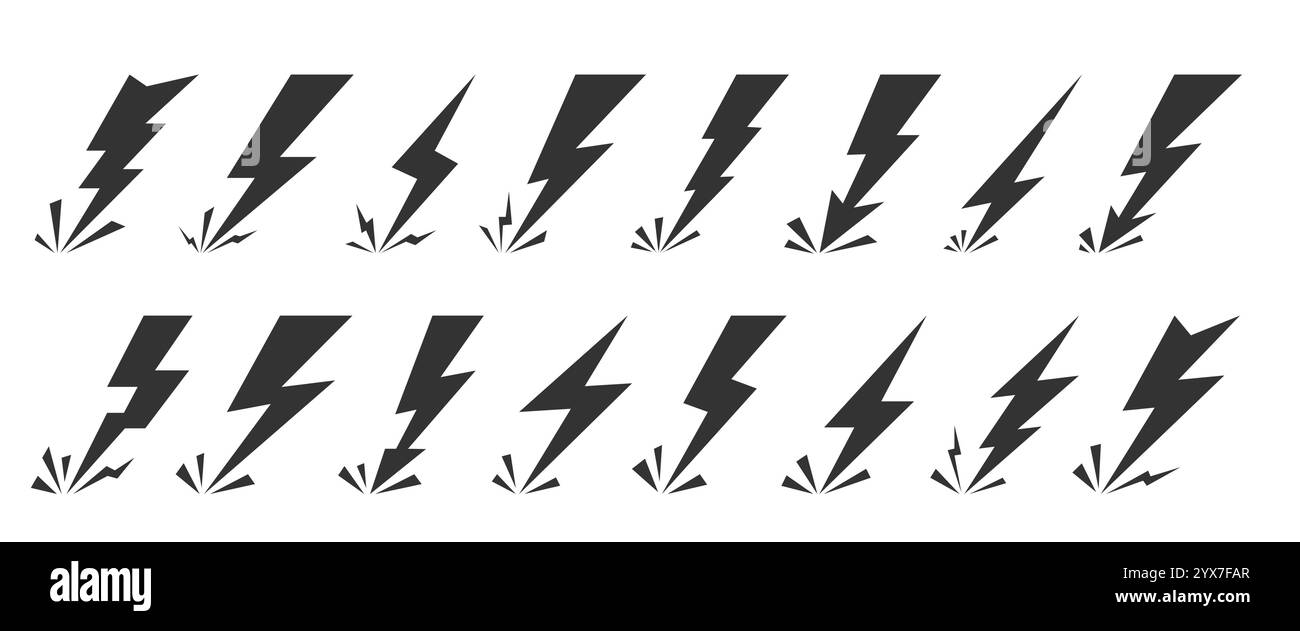 Lightning bolt flash icon set. Thundershock zigzag arrow danger energy ...