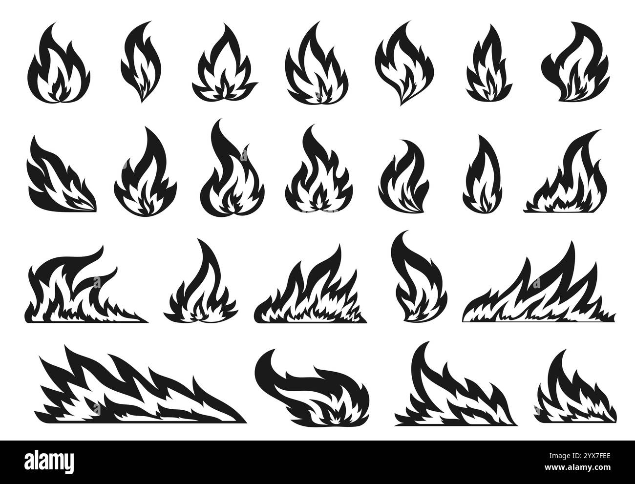 Natural gas fire flat icon set. Blaze danger warning symbol. Different ...