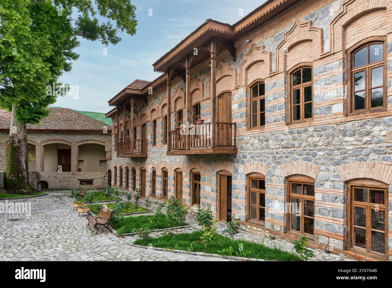 Exterior view of Shaki Khan Mosque Complex, a historic structure ...